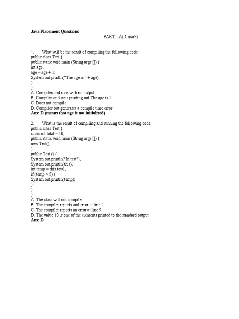 Java Placement Questions Pdf Computer Programming C Programming Language