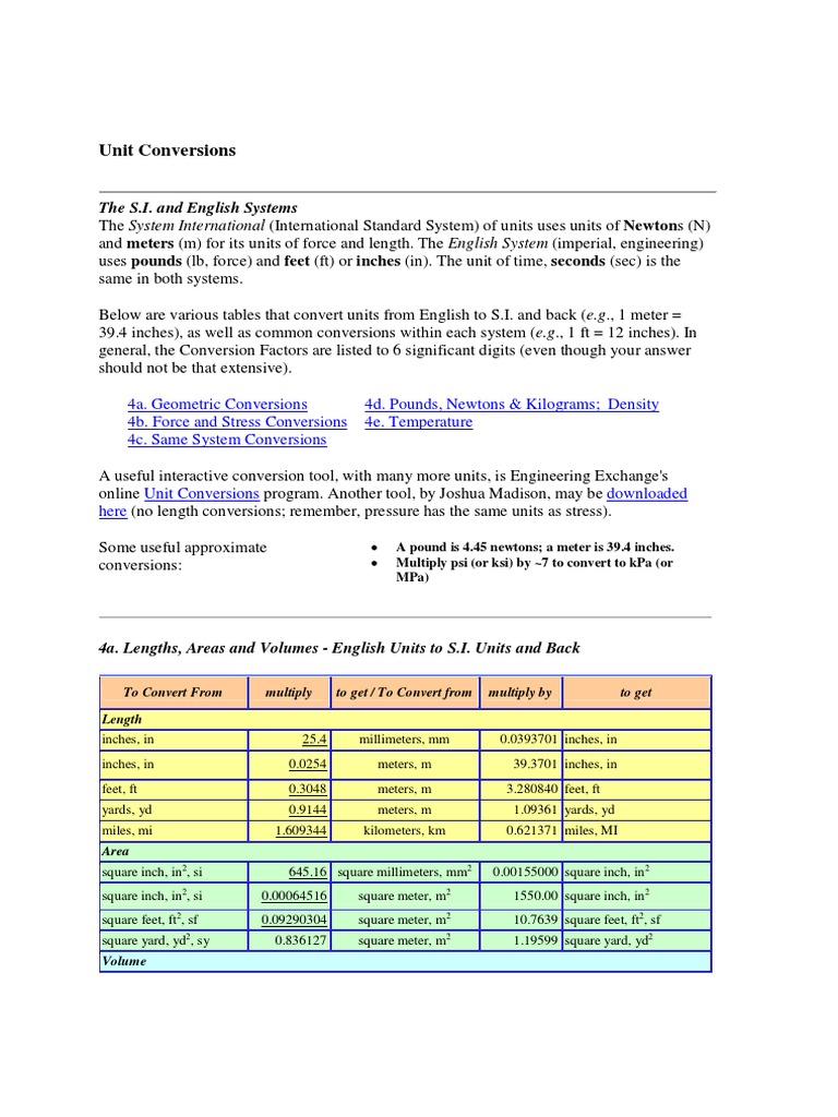 Unit Conversions: The S.I. and English Systems | PDF | Pascal (Unit ...