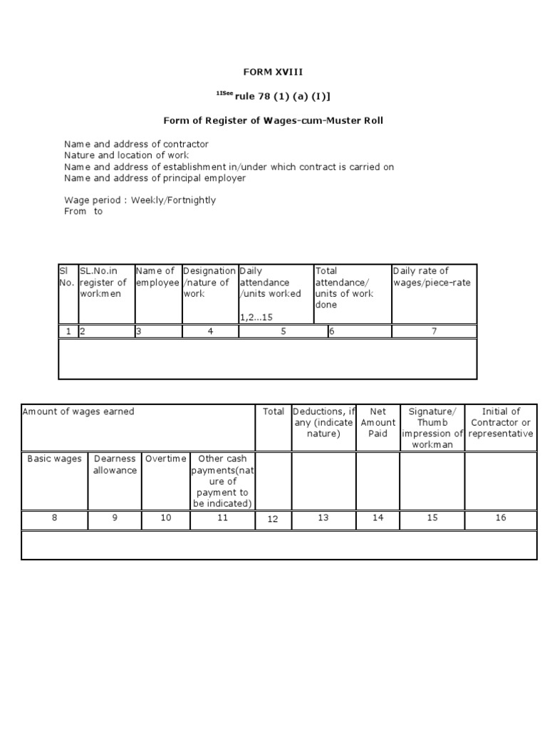 Form Xviii Rule 78 (1) (A) (I) ) Form of Register of Wages-cum-Muster ...