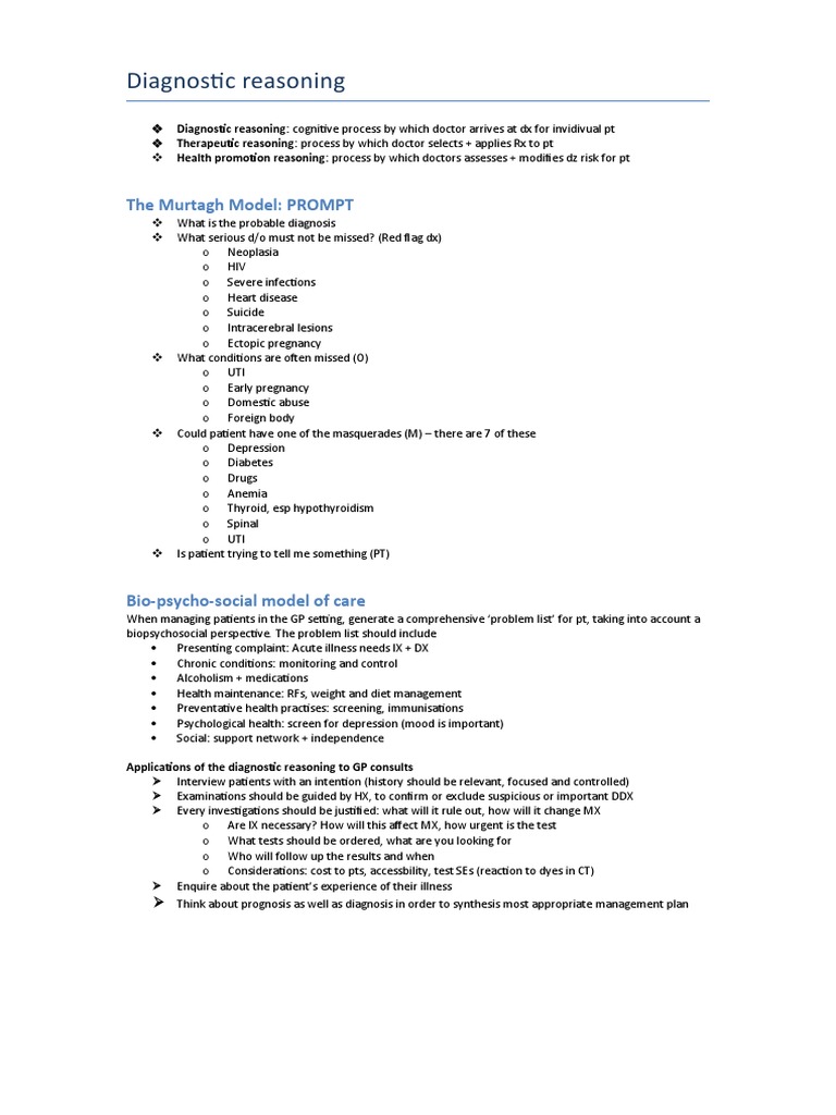 Diagnostic Reasoning: The Murtagh Model: PROMPT | PDF | Medical ...