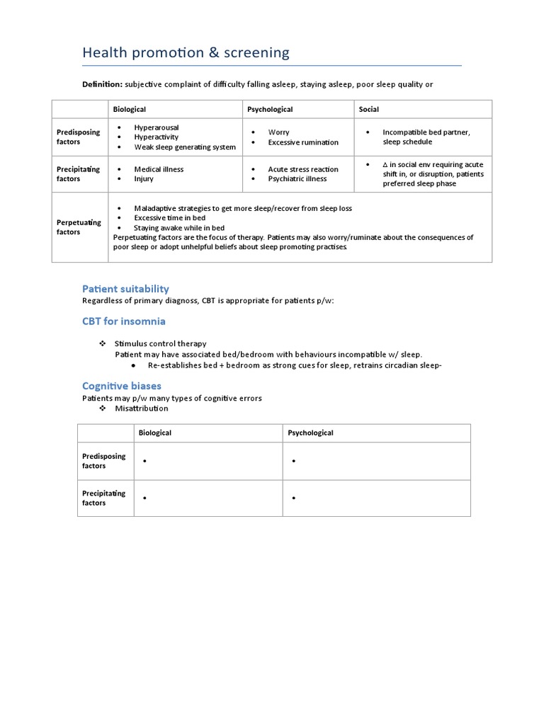 Health Promotion & Screening: Patient Suitability CBT For Insomnia | PDF
