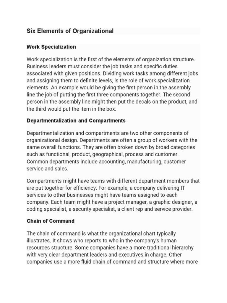 Six Elements of Organizational: Work Specialization | PDF ...