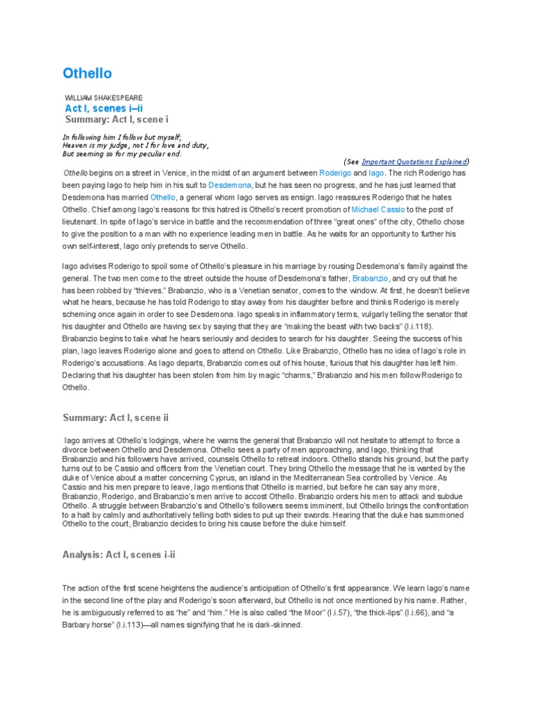Othello: Act I Analysis | PDF | Othello | Iago