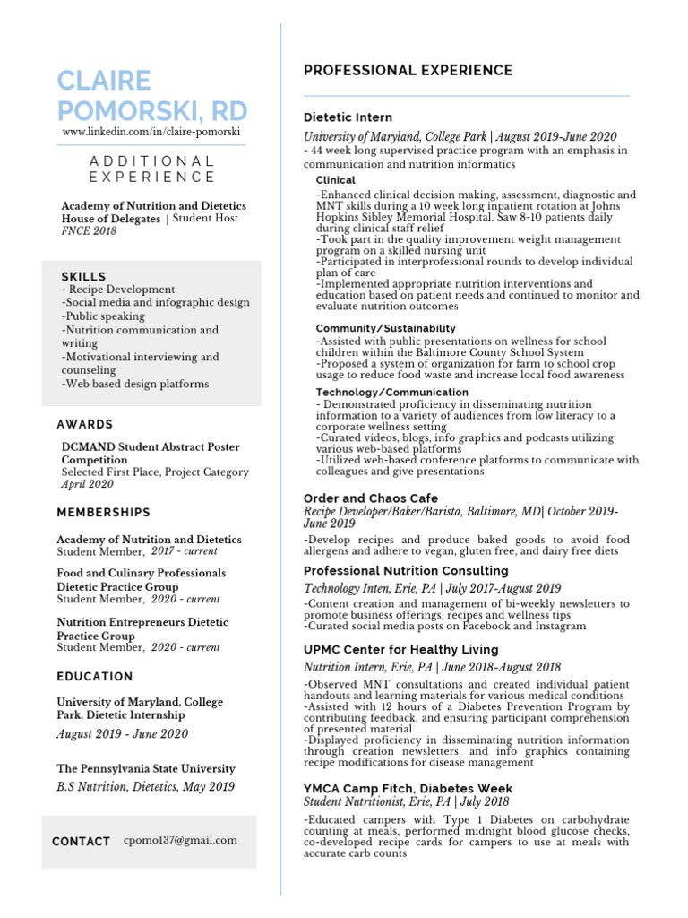 Resume 8 7 | PDF | Dietitian | Health Care