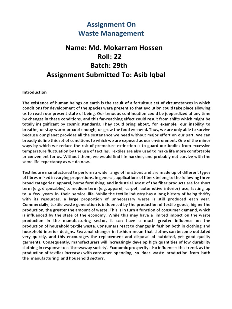 Waste Management Assignment Overview | PDF | Recycling | Incineration