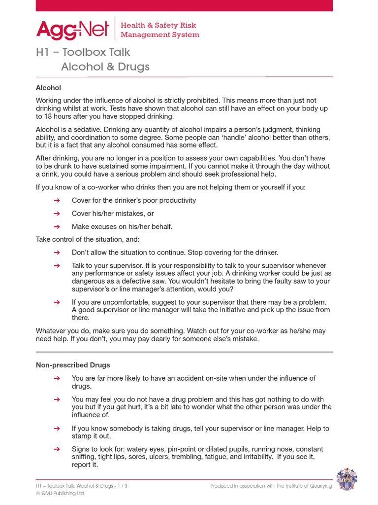 H1 - Toolbox Talk Alcohol & Drugs: Health & Safety Risk Management ...