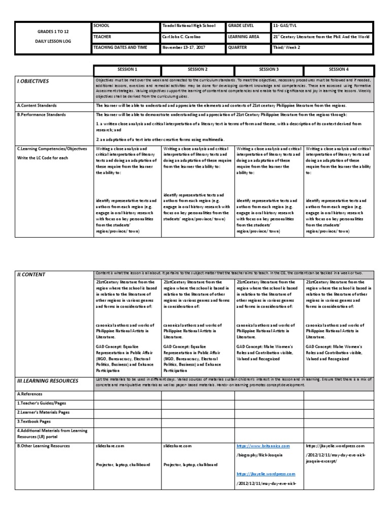 Daily Lesson Log for 21st Century Literature | PDF | Educational ...