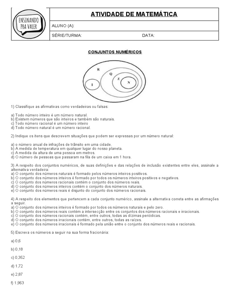 9o Ano - Exercícios - Conjuntos Numéricos | PDF