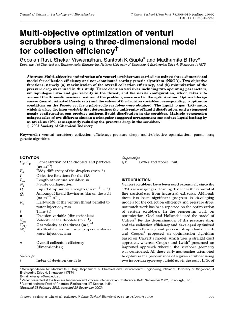 Multi-objective Optimization of Venturi Scrubbers for Maximum Collection Efficiency and Minimum ...