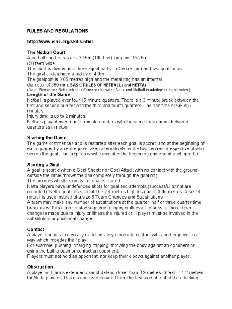Rules and Regulations The Netball Court | PDF | Sports | Team Sports