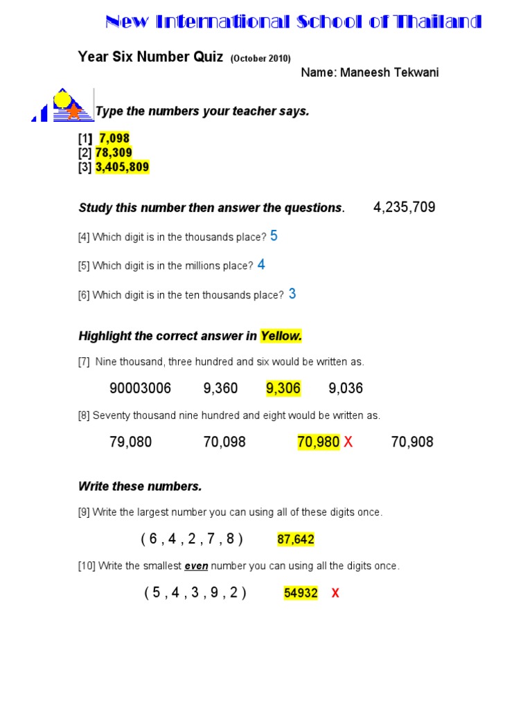 Year Six Number Quiz: Type The Numbers Your Teacher Says | PDF ...