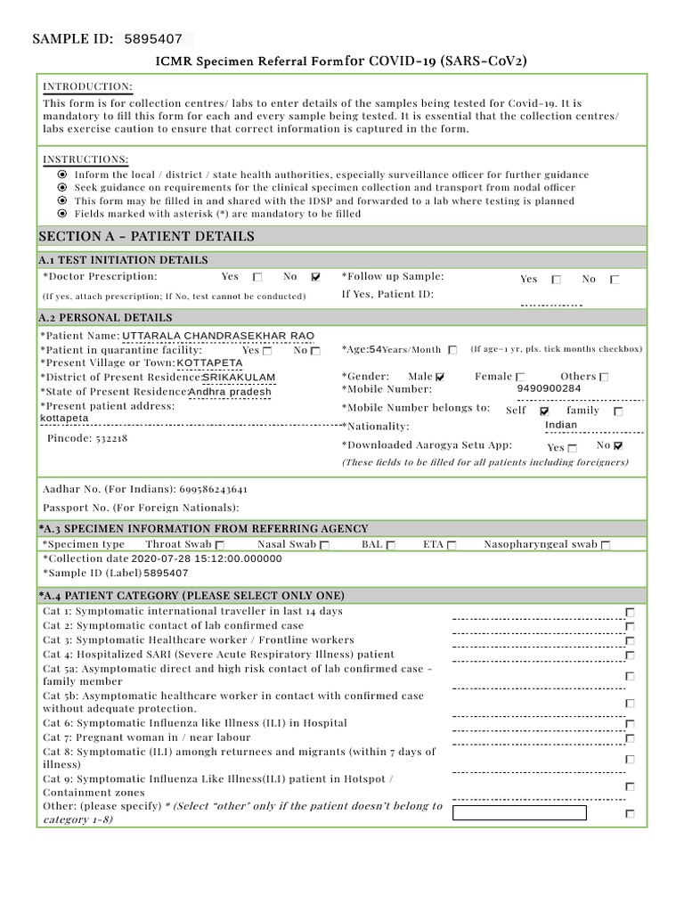 Sample Id: Sample Id: 5895407 Icmr Specimen Referral Form Icmr Specimen ...