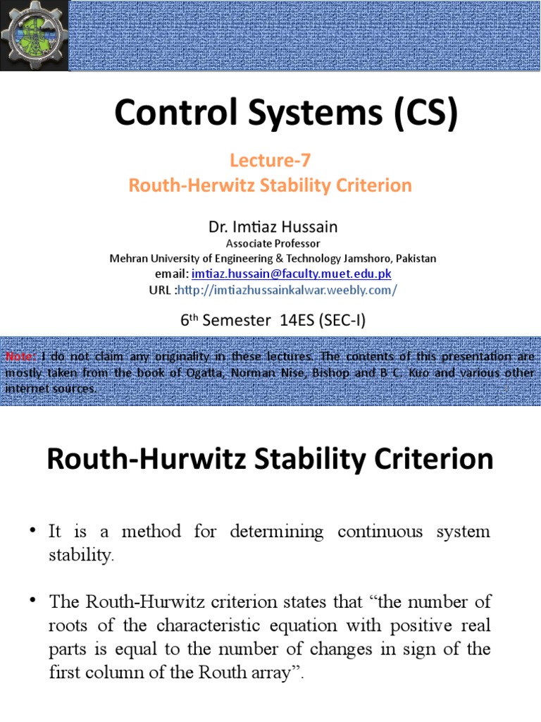 Routh-Hurwitz Stability Criterion | PDF | Stability Theory | Zero Of A Function