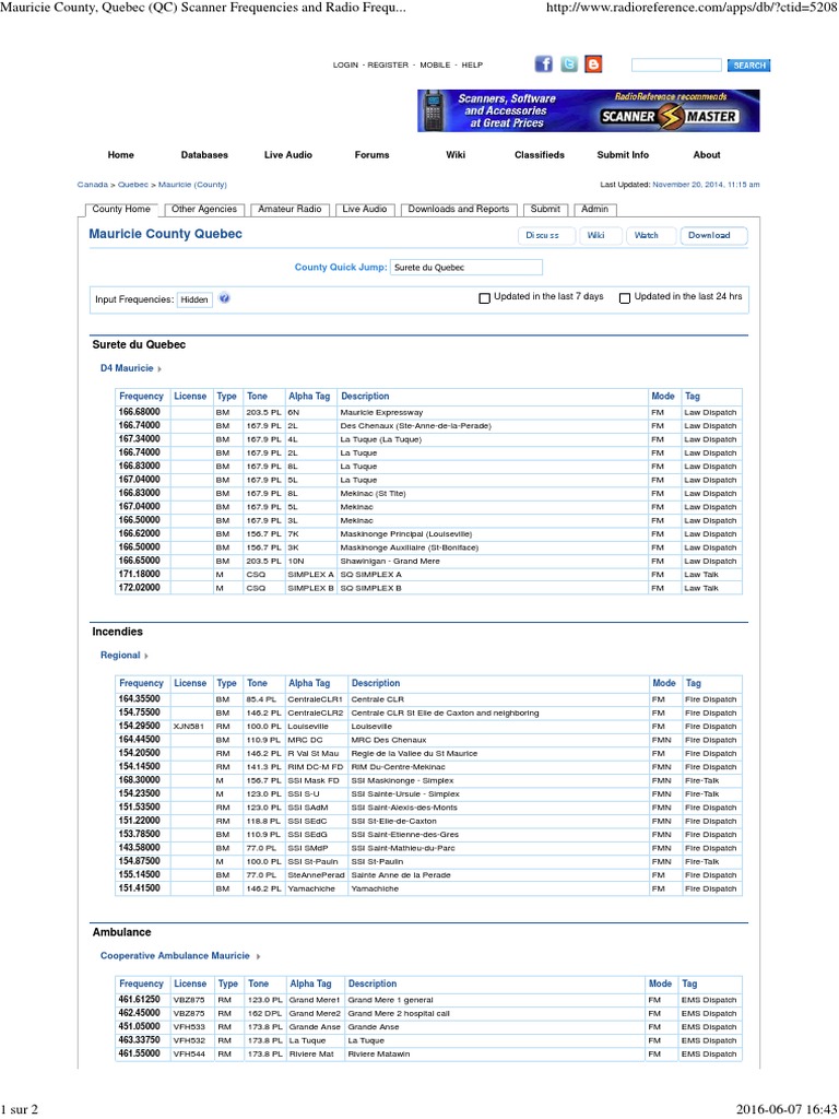 Mauricie County, Quebec (QC) Scanner Frequencies and Radio Frequency ...