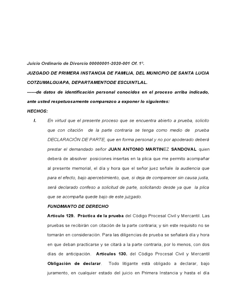 Memorial de Proposicion de La Prueba Declaración de Parte, Posiciones, Plica | PDF | Ley ...