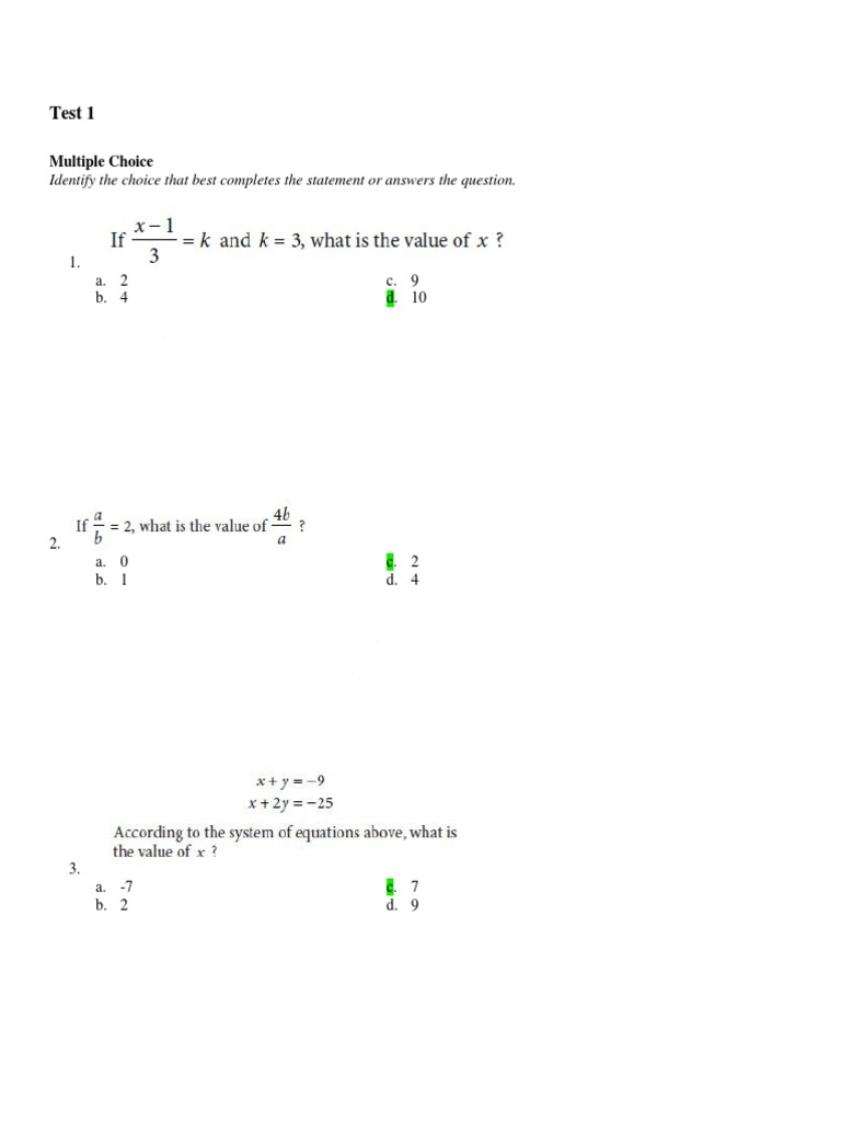 Multiple Choice Math Test Questions | PDF