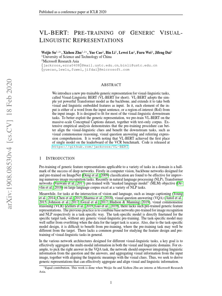 Vl-Bert: P - G V - L R: RE Training OF Eneric Isual Inguistic Epresentations | PDF | Statistical ...