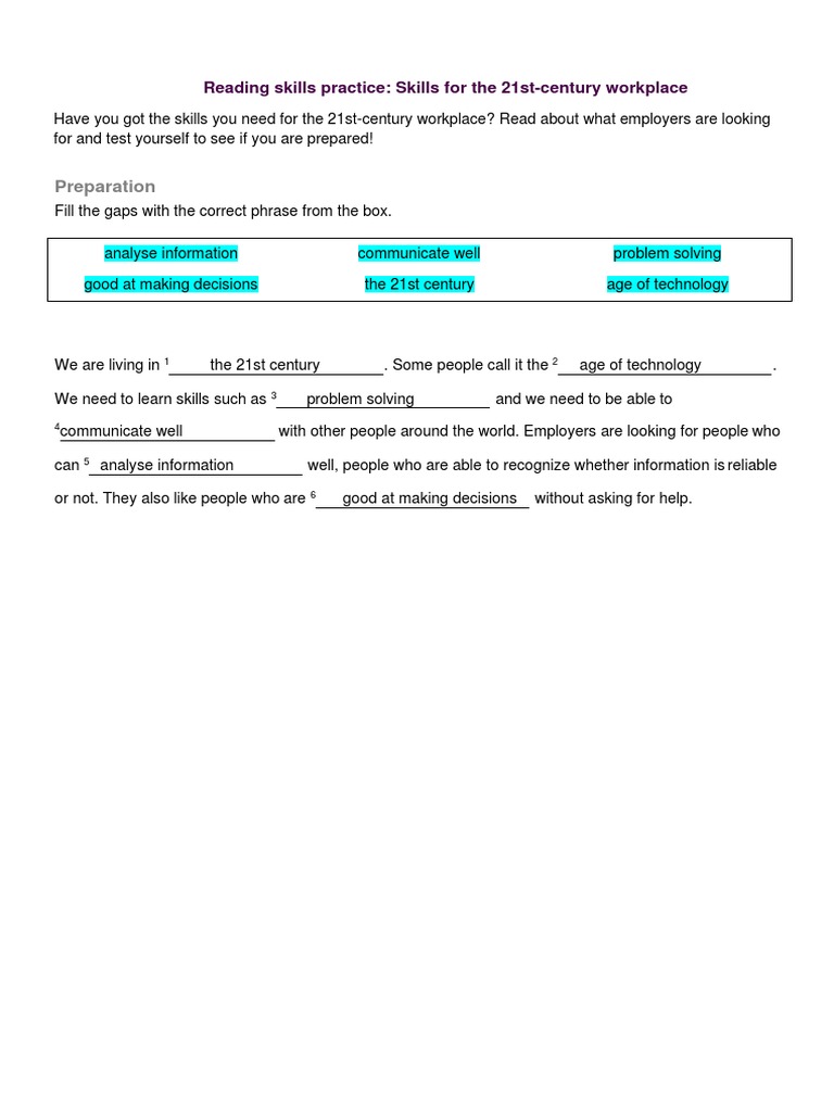 Preparation: Reading Skills Practice: Skills For The 21st-Century ...