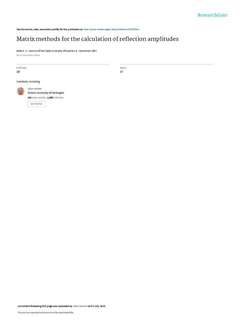 Matrix Methods For The Calculation of Reflection A | PDF | Matrix (Mathematics) | Exponential ...