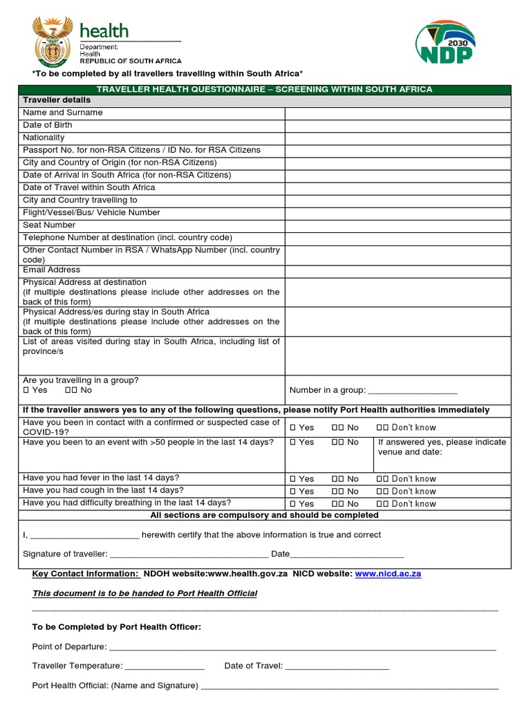Traveller Health Questionnaire - Screening Within South Africa | PDF ...