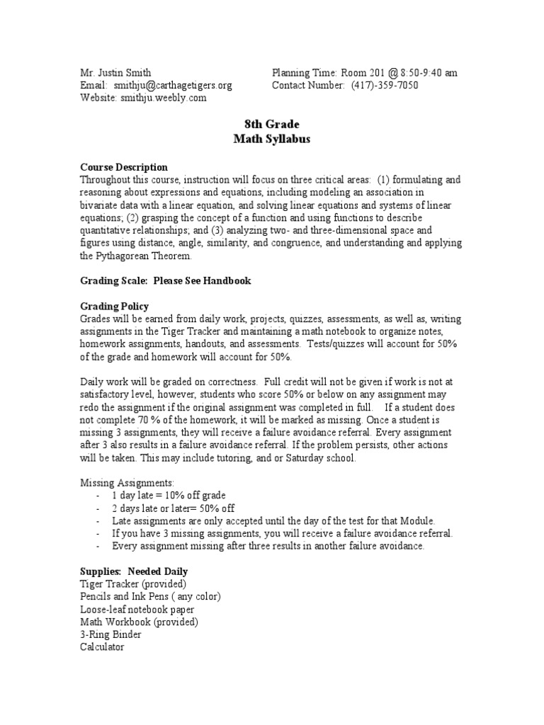 8th Grade Math Syllabus: Course Description | PDF | Classroom | Equations