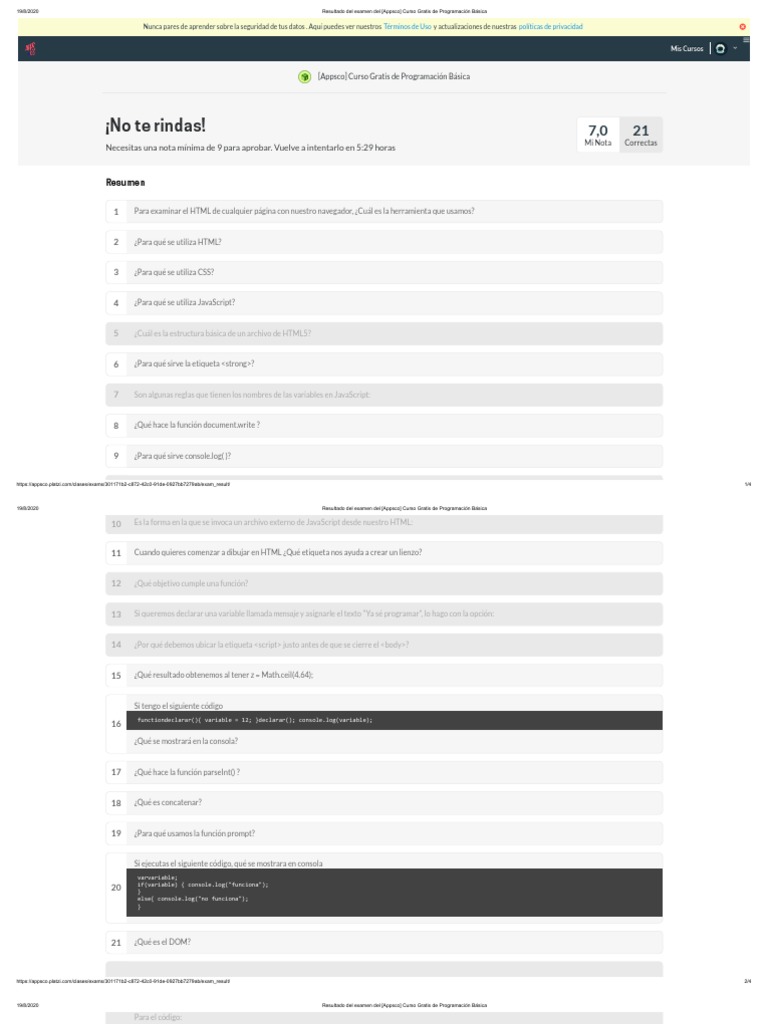 Resultado Del Examen Del (Appsco) Curso Gratis de Programación Básica PDF | PDF | HTML | Script Java