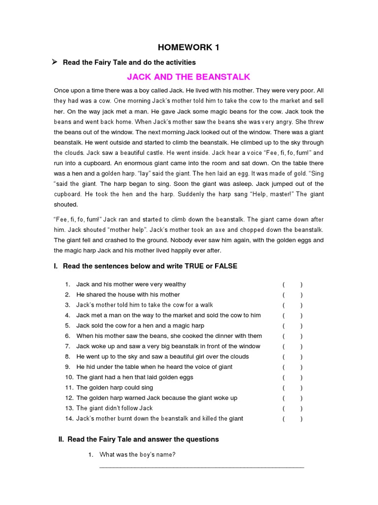 Jack and The Beanstalk: Homework 1 | Download Free PDF | Jack And The ...