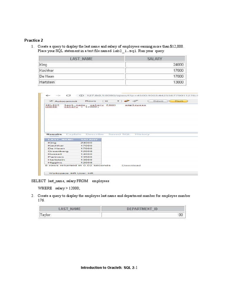 Practice 2: Introduction To Oracle9i: SQL 2 | PDF | Salary | Data Management