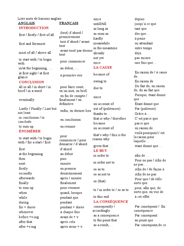 Mots de liaison en anglais PDF | PDF