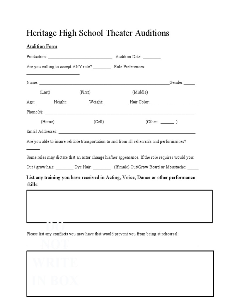 Heritage High School Theater Audition Form