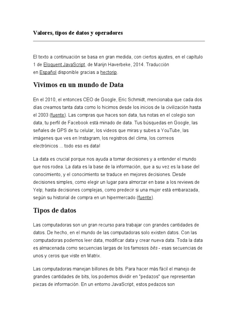 Valores y tipos de datos en JavaScript | PDF | Script Java | Lenguaje de programación