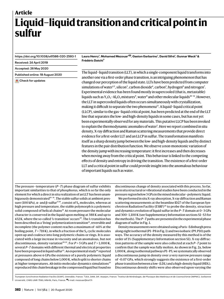 Liquid-Liquid Transition and Critical Point in Sulfur | PDF | Phase ...