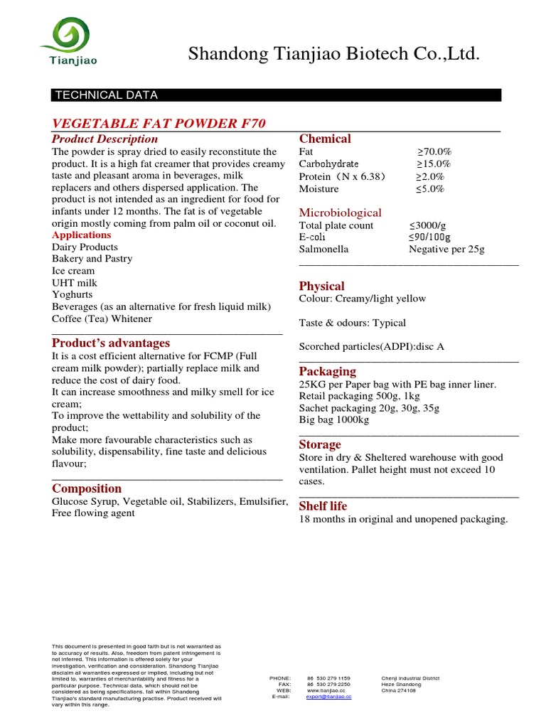 TDS - VEGETABLE FAT POWDER F70 en PDF | PDF | Milk | Cream