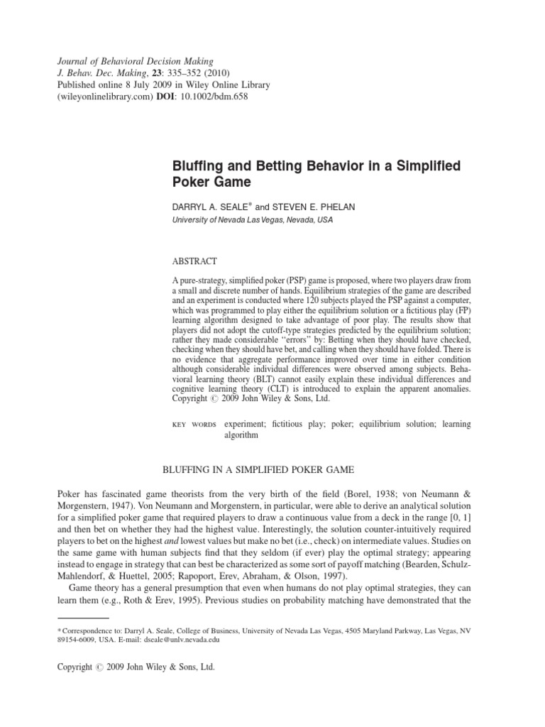 Bluffing and Betting Behavior in A Simplified Poker Game | PDF ...