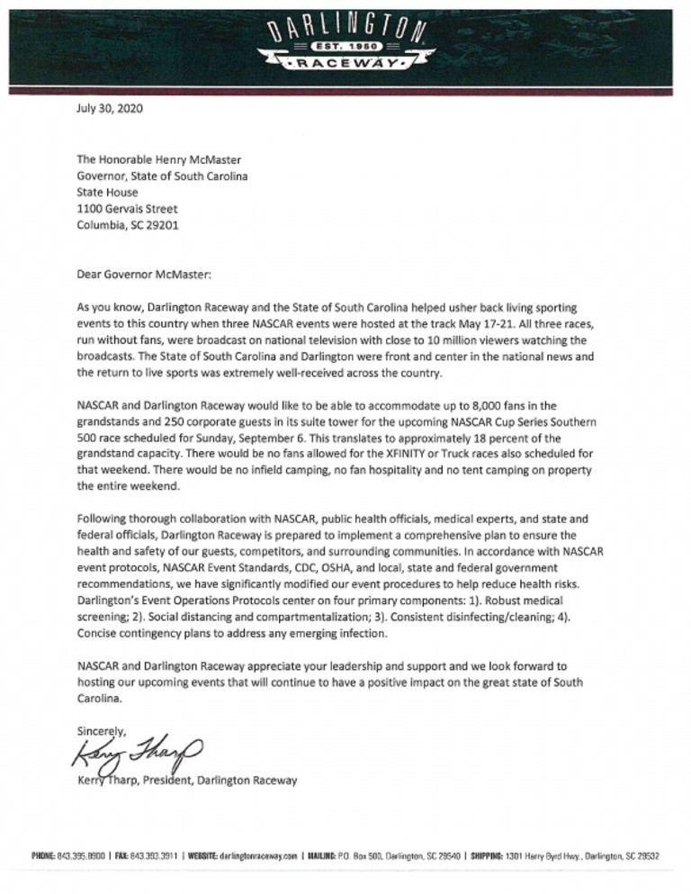 Darlington Raceway Letter