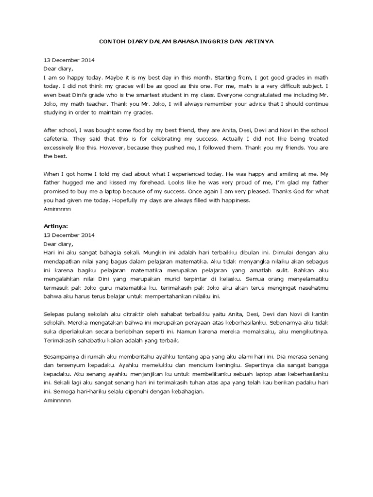Contoh Diary Dalam Bahasa Inggris Dan Artinya | PDF