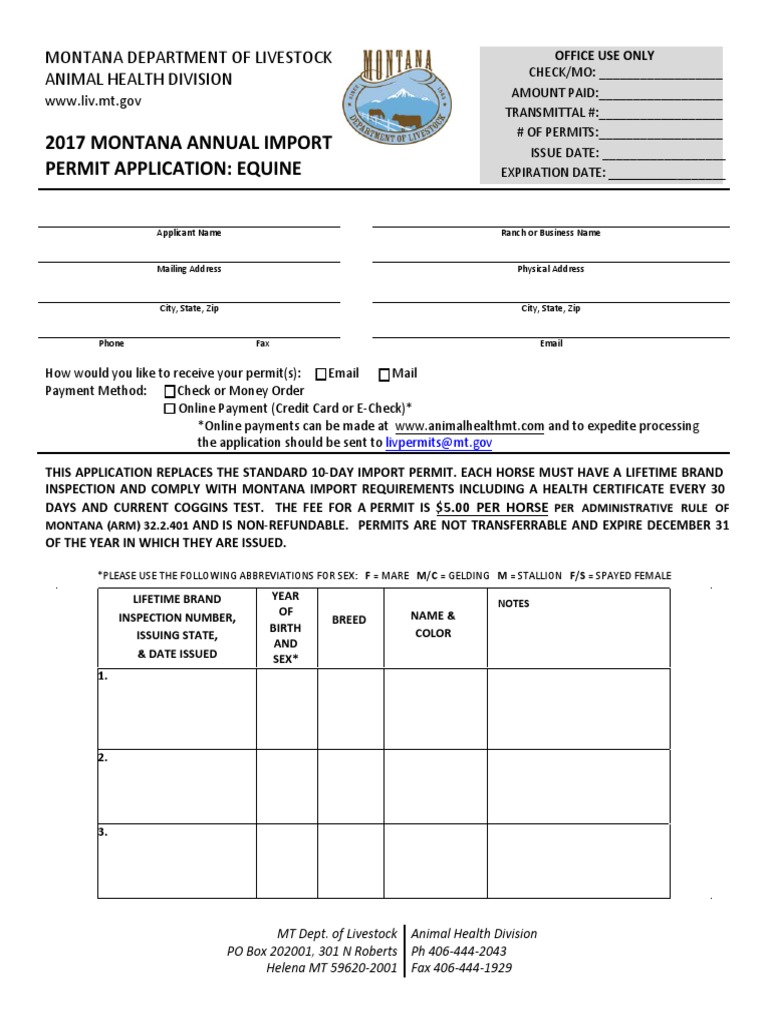 2017 Montana Equine Import Permit | PDF | Mare | Mammal Breeds