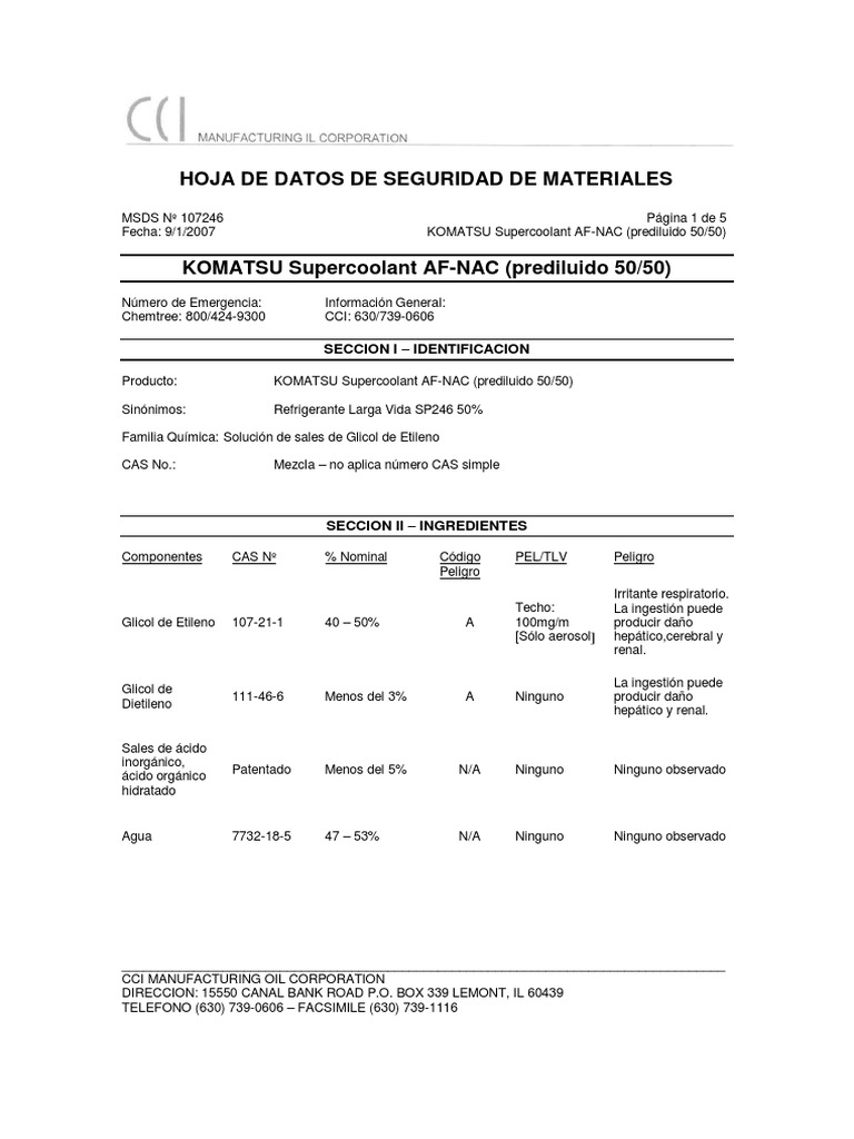 MSDS Coolant Komatsu | PDF | Dióxido de carbono | Agua