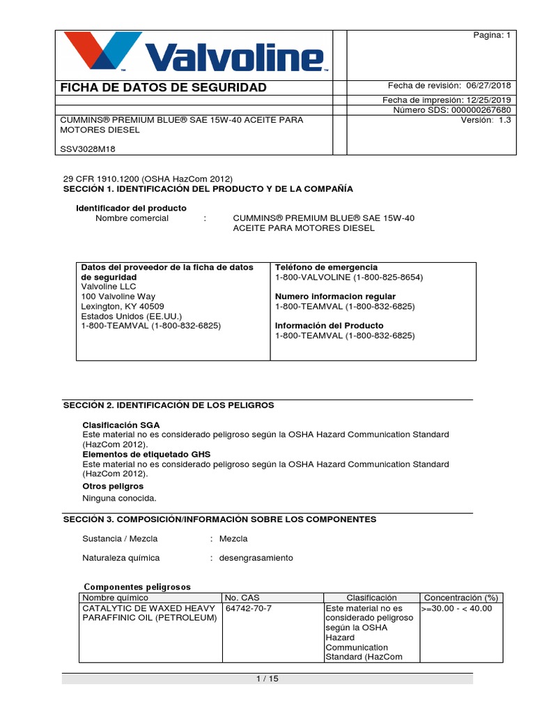 MSDS Valvoline Cummins Prem Blue 15W40 | PDF | Toxicidad | Combustible ...
