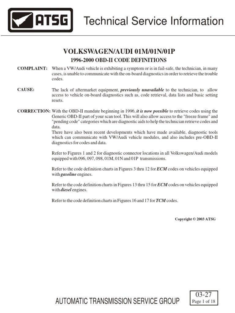Technical Service Information: VOLKSWAGEN/AUDI 01M/01N/01P | PDF