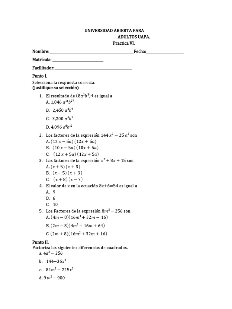 Práctica de Factoreo y Ecuaciones UAPA | PDF