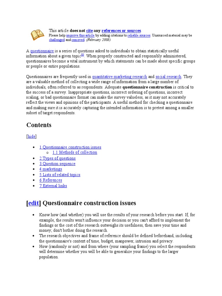 Questionnaire: Cite References or Sources | Download Free PDF | Survey ...