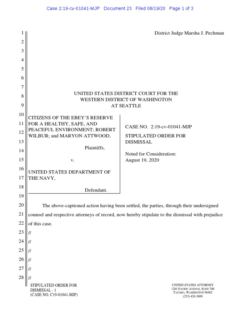 Stipulated Order For Dismissal - 1 (CASE NO. C19-01041-MJP) | PDF ...