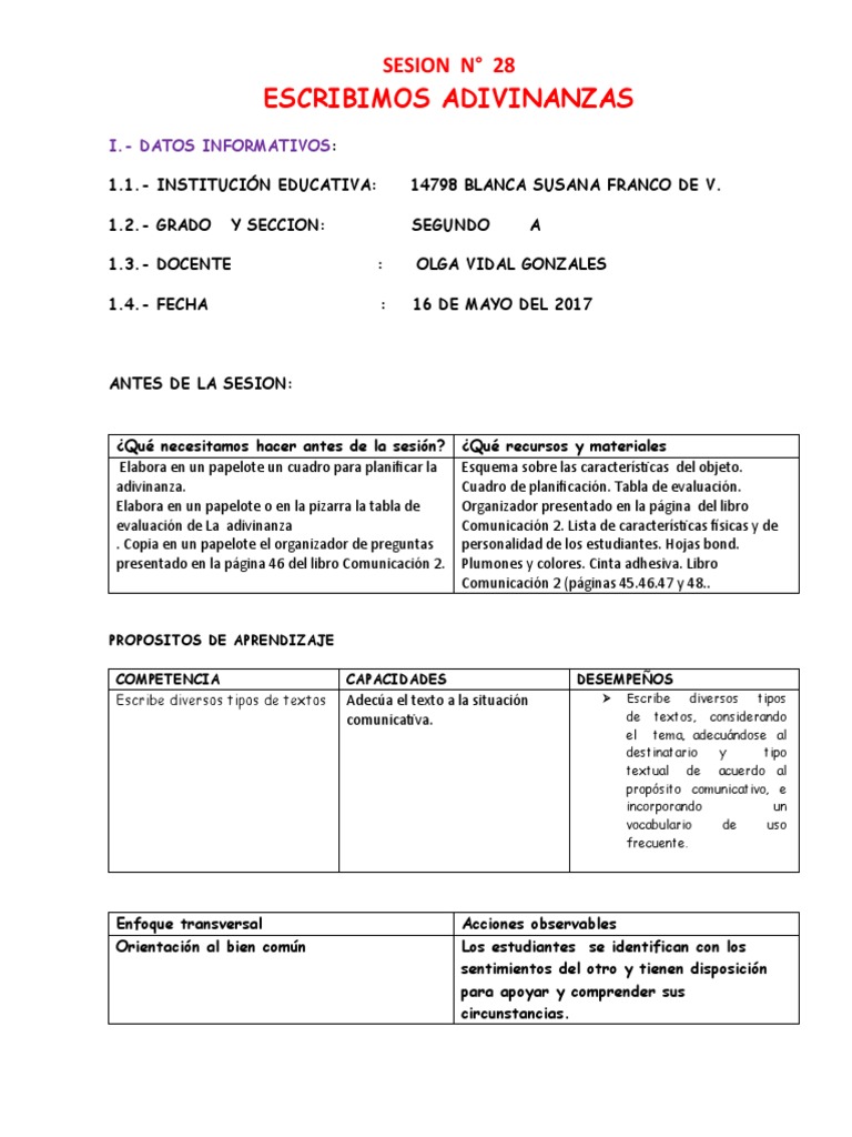 Sesion 28 Escribimos Adivinanzas 2 | PDF | Evaluación | Aprendizaje