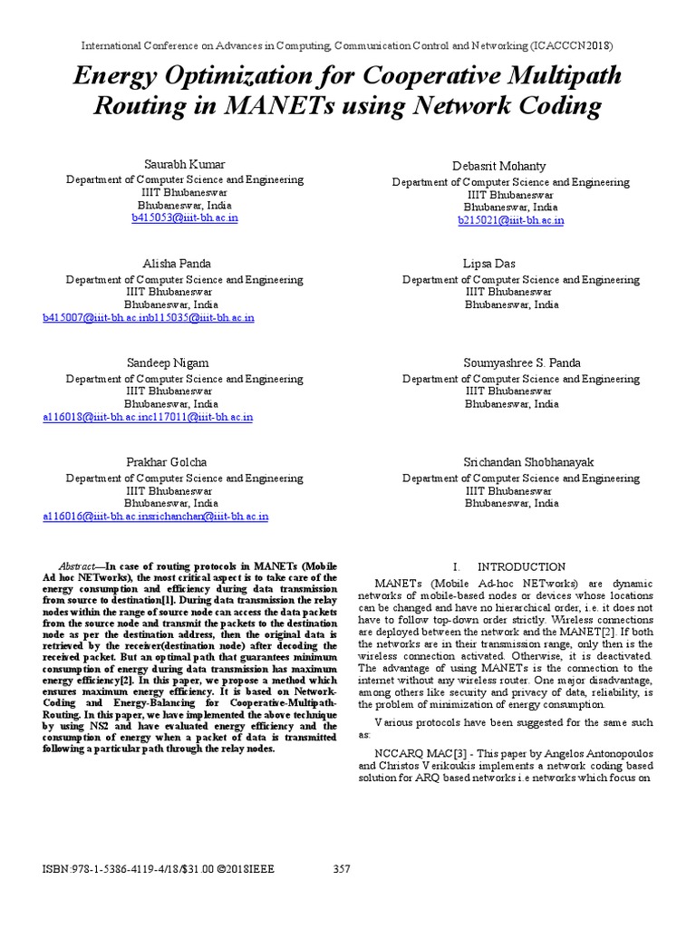 Energy Optimization For Cooperative Multipath Routing in Manets Using Network Coding | PDF ...