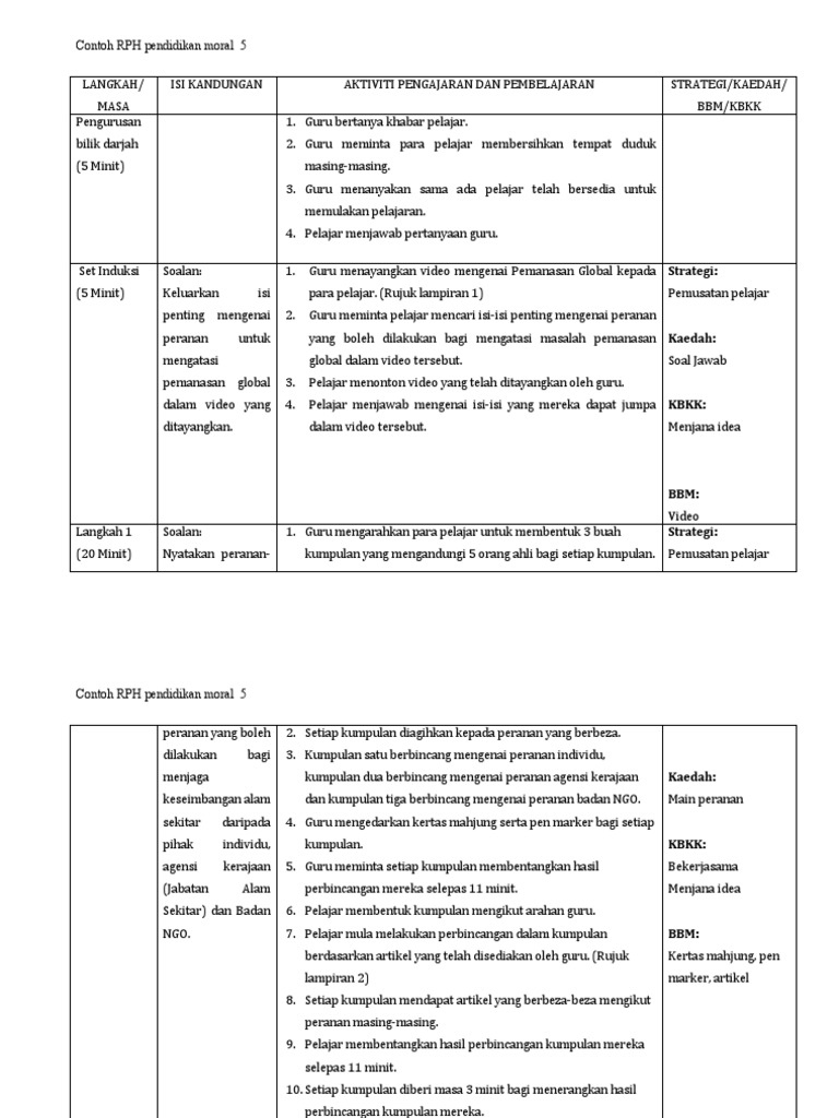 Contoh RPH Pendidikan Moral 5 | PDF