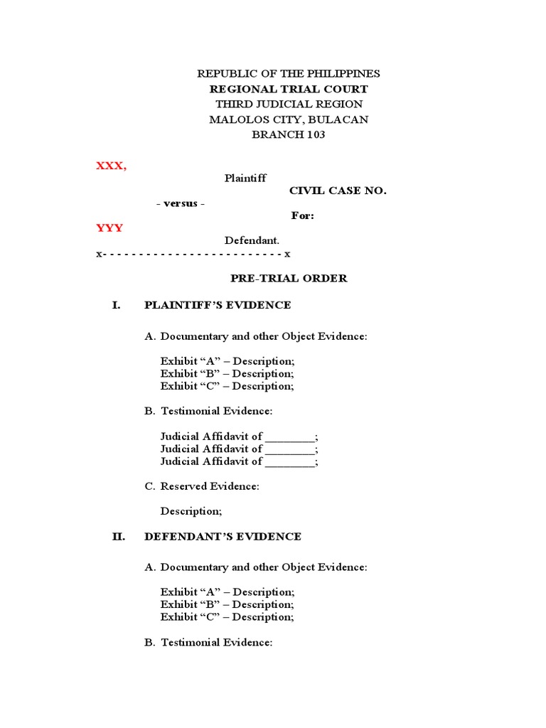 Pre-Trial Order | PDF | Evidence | Trials