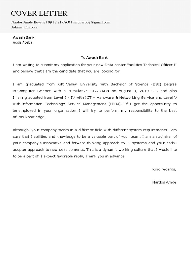 Awash Bank Application Cover Letter | PDF | Troubleshooting | Software