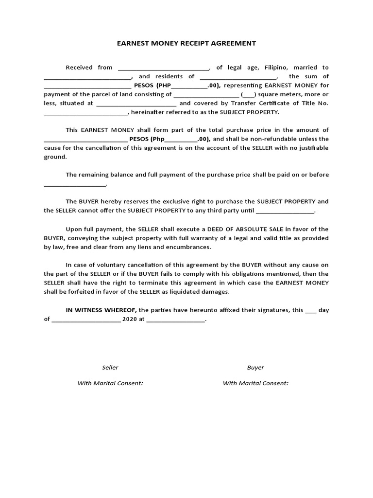 Earnest Money Receipt Agreement Form | PDF | Deed | Law And Economics