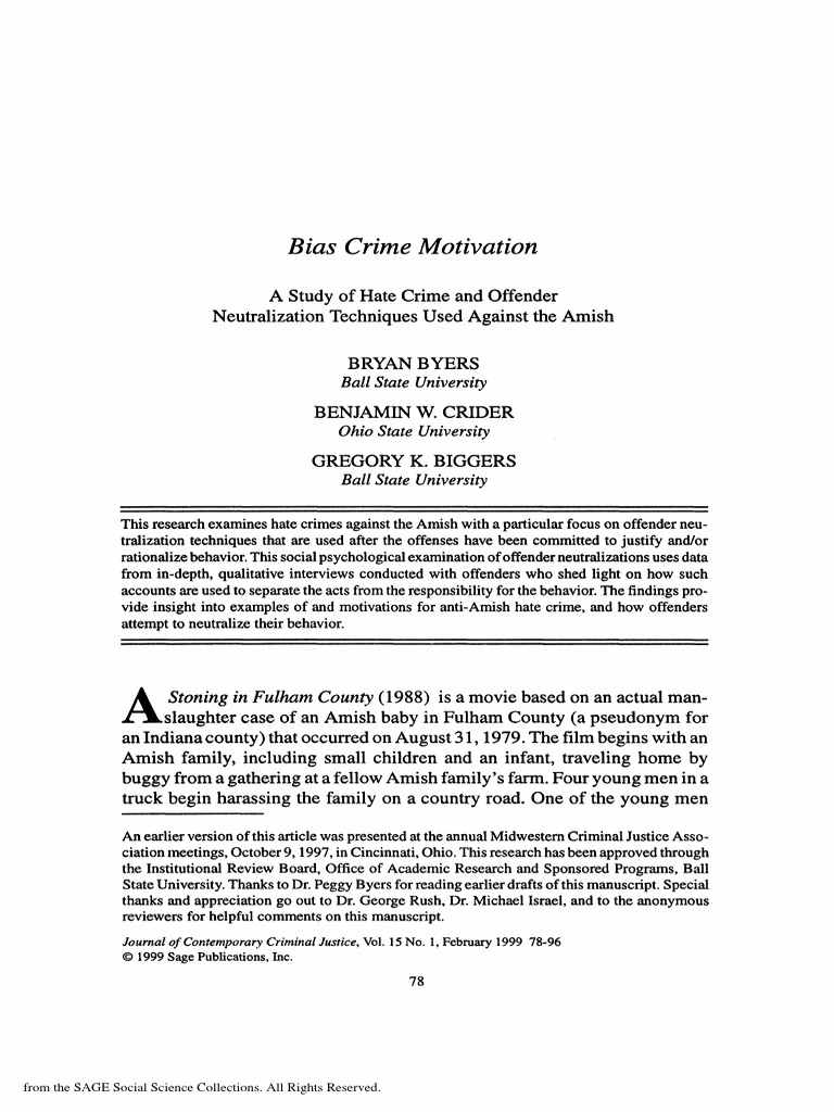 Byers Et Al - Bias Crime Motivation (1999) PDF | PDF